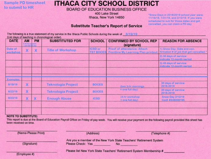 Pink Daily/Half-Day Time Sheet | Ithaca Substitutes Association